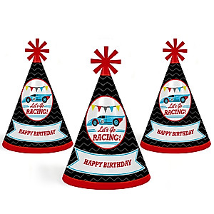 Let’s Go Racing - Racecar - Cone Race Car Happy Birthday Party Hats for Kids and Adults - Set of 8 (Standard Size)