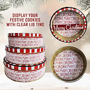 hadaaya Pack of 3 Round Nesting Tins with Clear Lids, Festive Holiday Cookie Tins for Treats & Gifts, Multipurpose Storage Container for Cookies, Snacks & More - Featuring Merry Christmas Text On Lid