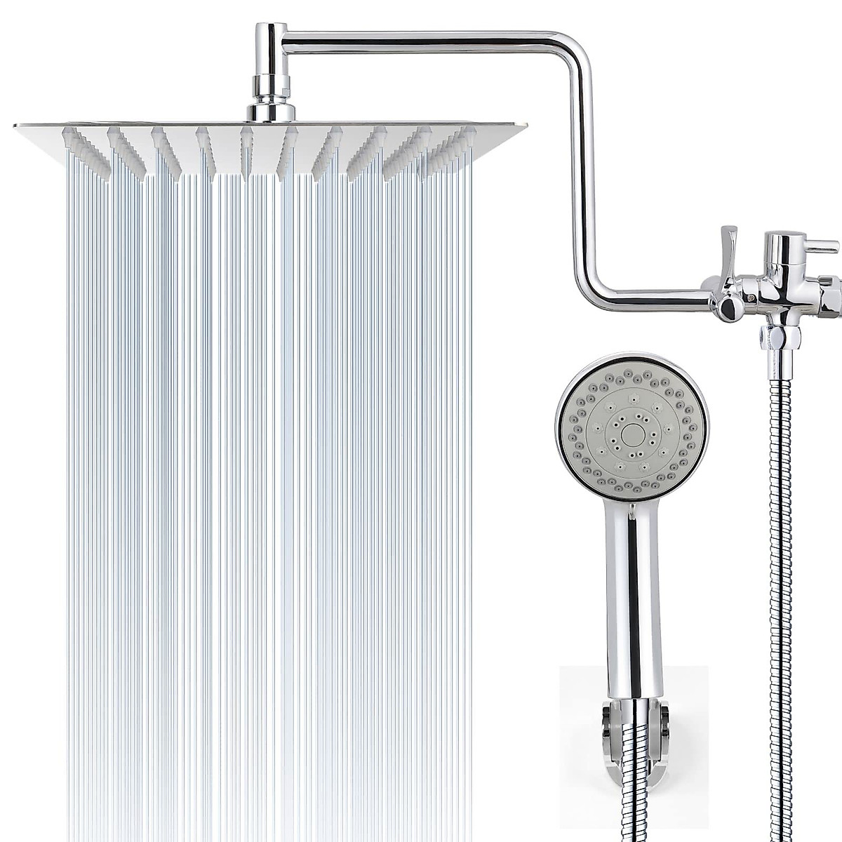 Nuodan Dual Shower Head, 10'' High Pressure Rain Shower Head / 5 Spray Handheld Showerhead Combo with 14'' Adjustable Shower Extension Arm, Hose and Adhesive Shower Holder (Chrome)