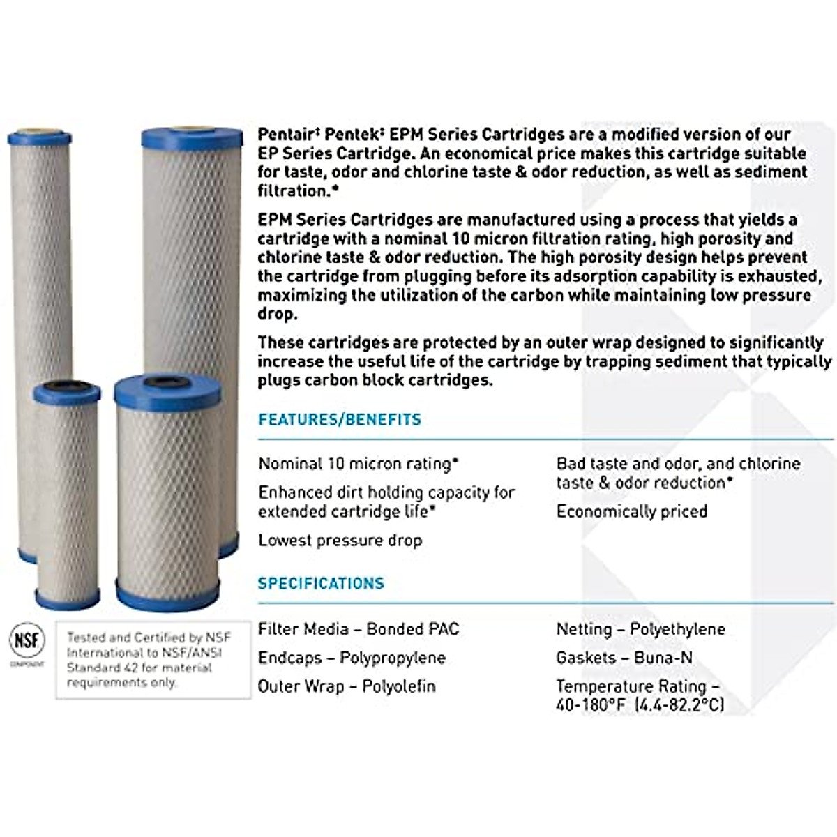 Pentair Pentek EPM-BB Big Blue Carbon Water Filter, 10-Inch, Whole House Modified Epsilon Carbon Block Replacement Cartridge with Bonded Powdered Activated Carbon (PAC) Filter, 10" x 4.5", 10 Micron