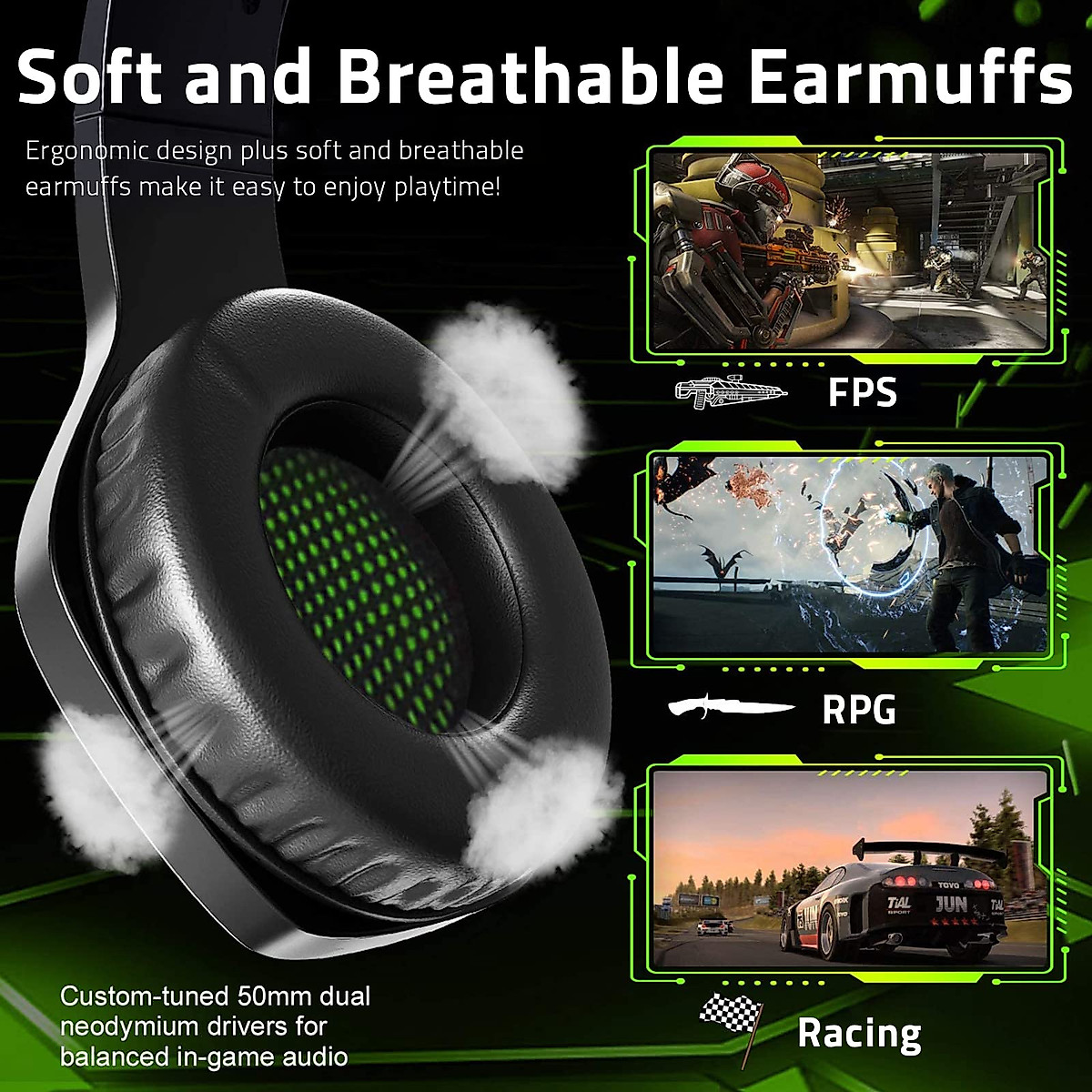 Fachixy FC100 Gaming Headset for PS4/PS5/PC/Xbox/Nintendo Switch, Xbox Headset with RGB Light, PS5 Headset with Mic (Green)