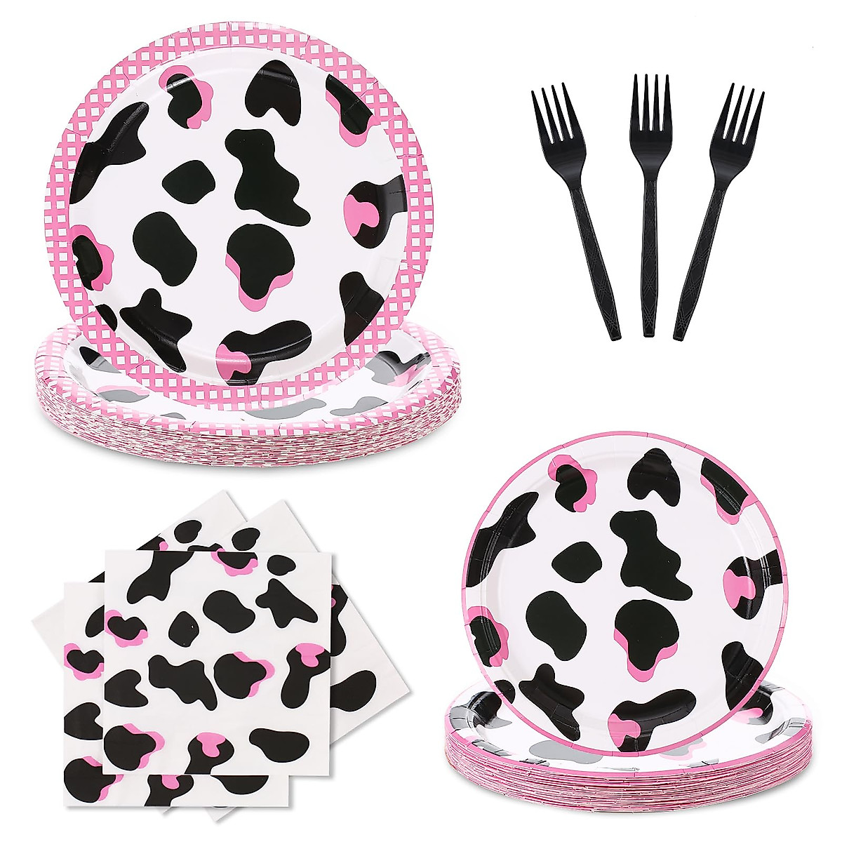 Cow Print Party Supplies 96Pcs, HYMENEX Pink Cow Theme Party Tableware Supplies Set Include Plates, Napkins, Forks for Cow Print Party Decorations Cow Theme Farm Animal Party Supplies Serves 24 Guests