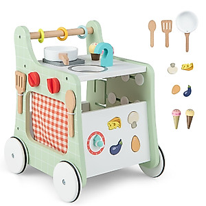 HONEY JOY Baby Push Walker, 6-in-1 Wooden Play Kitchen Walker Activity Center w/Shape Sorter, Develop Motor Skills & Creativity, Push Toys for Babies Learning to Walk, Gift for Boys and Girls