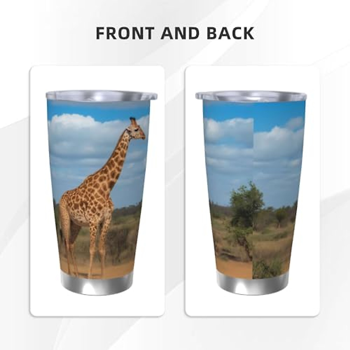 Giraffe Under The Tree In Africa 20oz Insulated Stainless Steel Tumbler With Lids And Straws, Double Wall Vacuum Travel Coffee Mug, Thermal Cup For Cold & Hot Drinks, Reusable Metal Straw & Brush