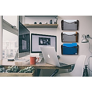 3 Pocket Wall Mount File Hanging Organizer, Metal Mesh Office Home Folder Binder Holder Magazine Mail Sorter Rack + Hardware, Black