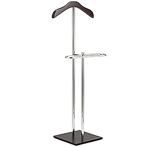 MyGift Brown Wood and Metal Valet and Suit Stand, Executive Men's Garment Organizer Rack Coat and Pants Hanger
