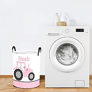 Personalized Laundry Basket Hamper,Farm Tractor Truck Pink Dots,Collapsible Storage Baskets with Handles for Kids Room,Clothes, Nursery Decor
