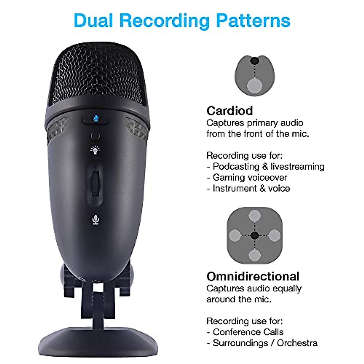 Cyber Acoustics Premium USB Microphone with Dual Recording Patterns - 24-bit Recording Perfect for Podcasting and Vlogging - Compatible with PC and Mac (CVL-2009)