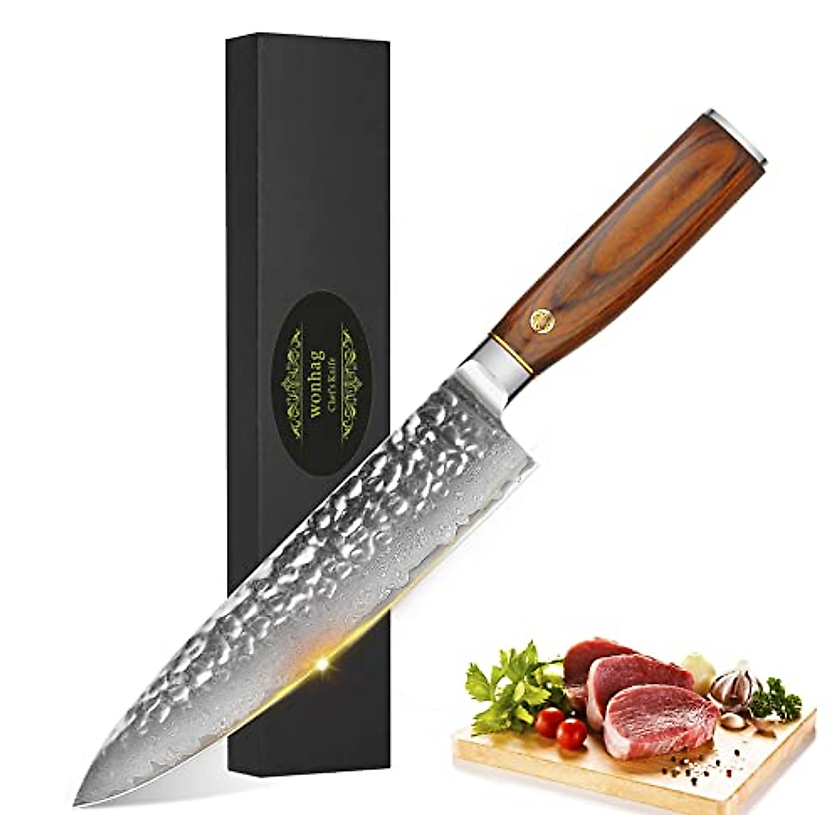 wonhag Damascus Chef Knife Professional VG10 Stainless Steel Cleaver Damascus 8 Inch Chef Knife Brown Handle Gift Box