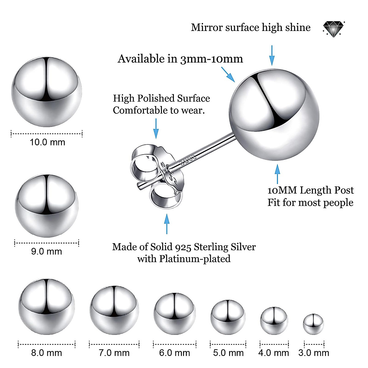 925 Sterling Silver Ball Stud Earrings Available in 3mm-10mm,Classic Round Ball Studs Hypoallergenic Jewelry (10mm)