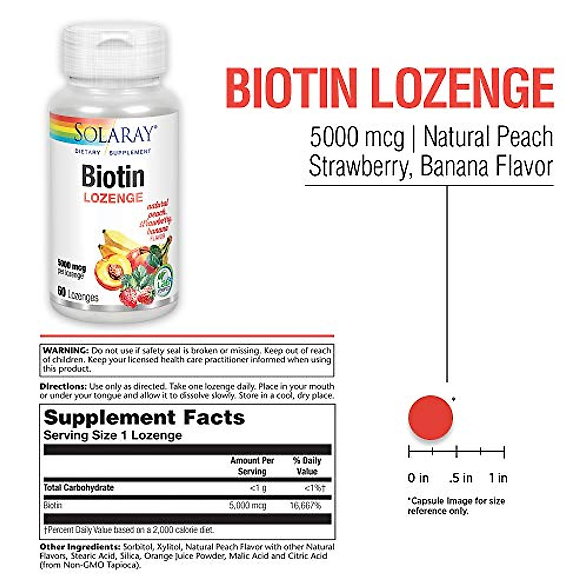 SOLARAY Biotin 5000 mcg | Natural Peach, Strawberry, Banana Flavor | Healthy Hair, Skin & Nails Support | 60 Lozenges