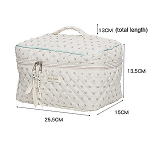 Lushandy Kawaii Floral Makeup Bag Coquette Aesthetic Cosmetic Bag Large Travel Makeup Organizer Cute Pouch Cotton Quilted Toiletry Bag