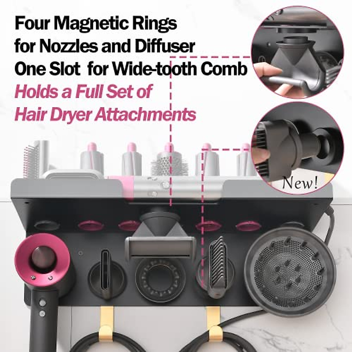 Floatant Wall Mount Holder for Dyson Airwrap Styler Supersonic Hair Dryer, Nail-Free or Perforat Install, Organizer for Storage Attachments, Rack with Hooks for Accessories Nozzles Barrels Brushes
