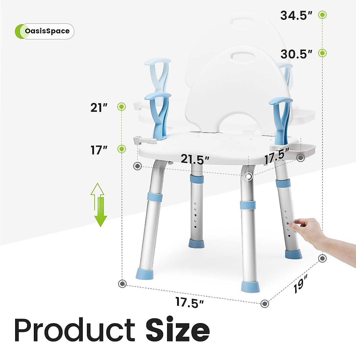 OasisSpace Shower Chair for Inside Shower - 450lbs Heavy Duty Bathroom Shower Chair with Back and Arms, Wide Seat Shower Stool with Handles, Adjustable Handicap Shower Seat for Senior and Disabled