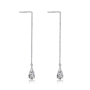 Threader Earrings Sterling Silver Teardrop Drop Pull Through Threader Earrings with Cubic Zirconia