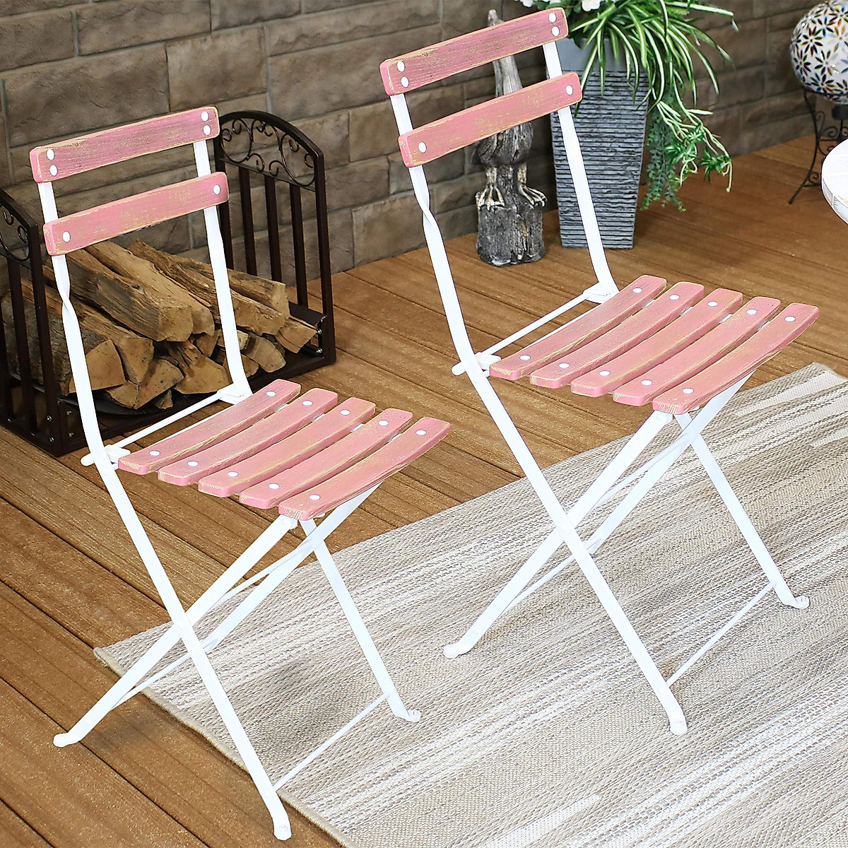 Sunnydaze Classic Cafe European Chestnut Wooden Folding Bistro Chair - Indoor or Outdoor Use on Patio, Deck, Balcony or Camping - Antique Pink - Set of 4