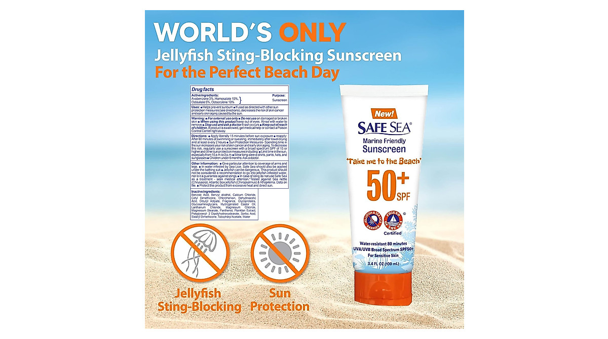 SAFE SEA SPF 50+ Sunscreen - Reef Safe, Waterproof & Sting Protection