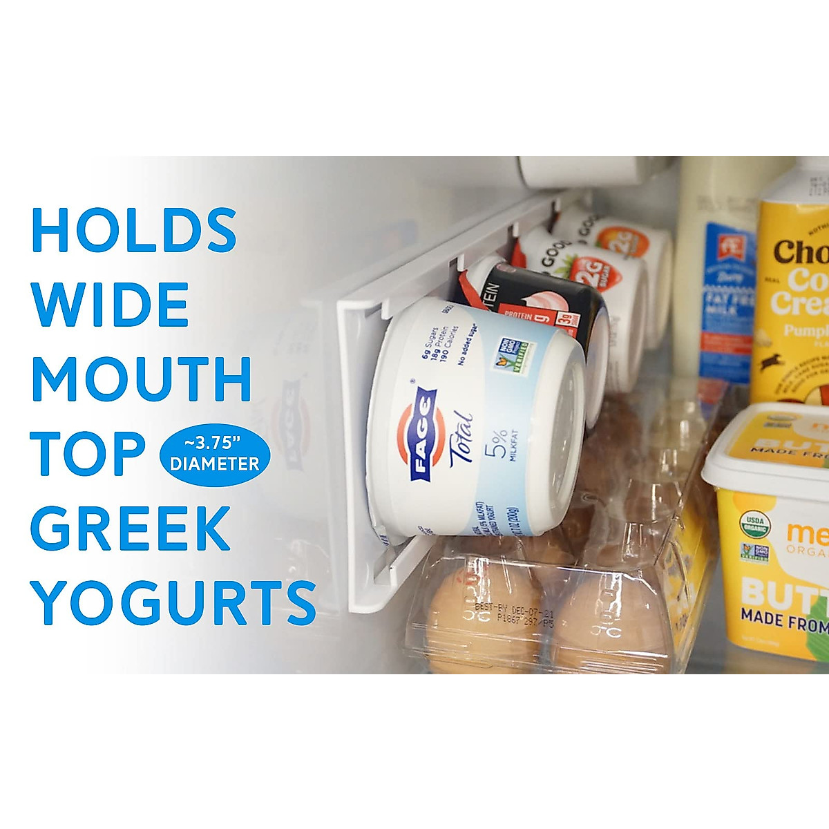Storage Theory Yogurt Fridge Organizer - Holds up to 4 Wide-Mouth Vegan and Greek Yogurt Cups - Peel and Stick Slider Shelf for Small Refrigerator Spaces - 1 pc