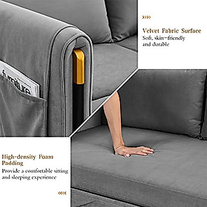 KIVENJAJA Convertible Sleeper Sofa Bed, Modern Velvet Loveseat Couch with Pull Out Bed, Small Love Seat Futon Sofa Bed with Headboard, 2 Pillows & Side Pockets for Living Room, 54” (Grey)