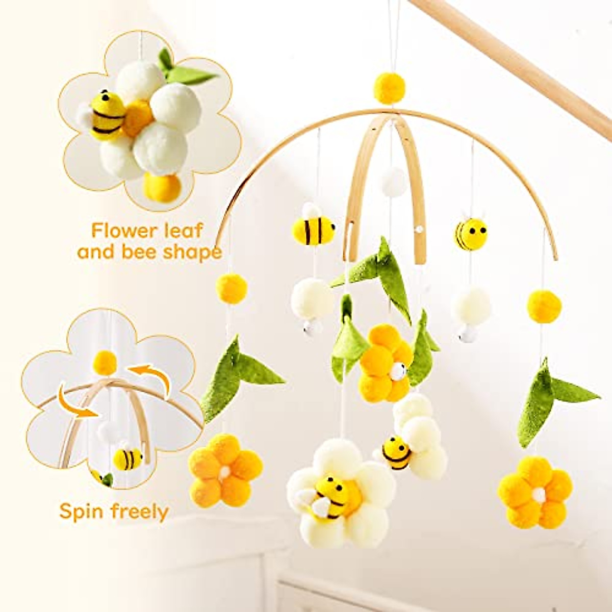 Baby Mobile for Crib Crib Nursery Mobile for Boys Girls Boho Bee Flower Nursery Decor Soothe Toy Baby Shower Set for Infant Bedroom Hanging Decoration Toy(Bee)