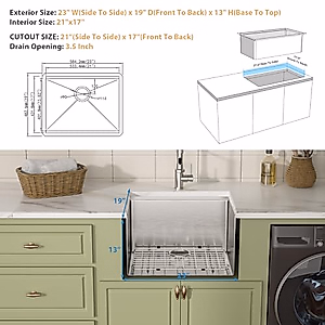 Yurshen 23 Laundry Sink Stainless Steel 23x19x13 Inch Undermount Stainless Steel Utility Sink Workstation Deep Single Bowl 16 Gauge Under Counter Kitchen Laundry Room Utility Sink Basin, YSUWL101-23