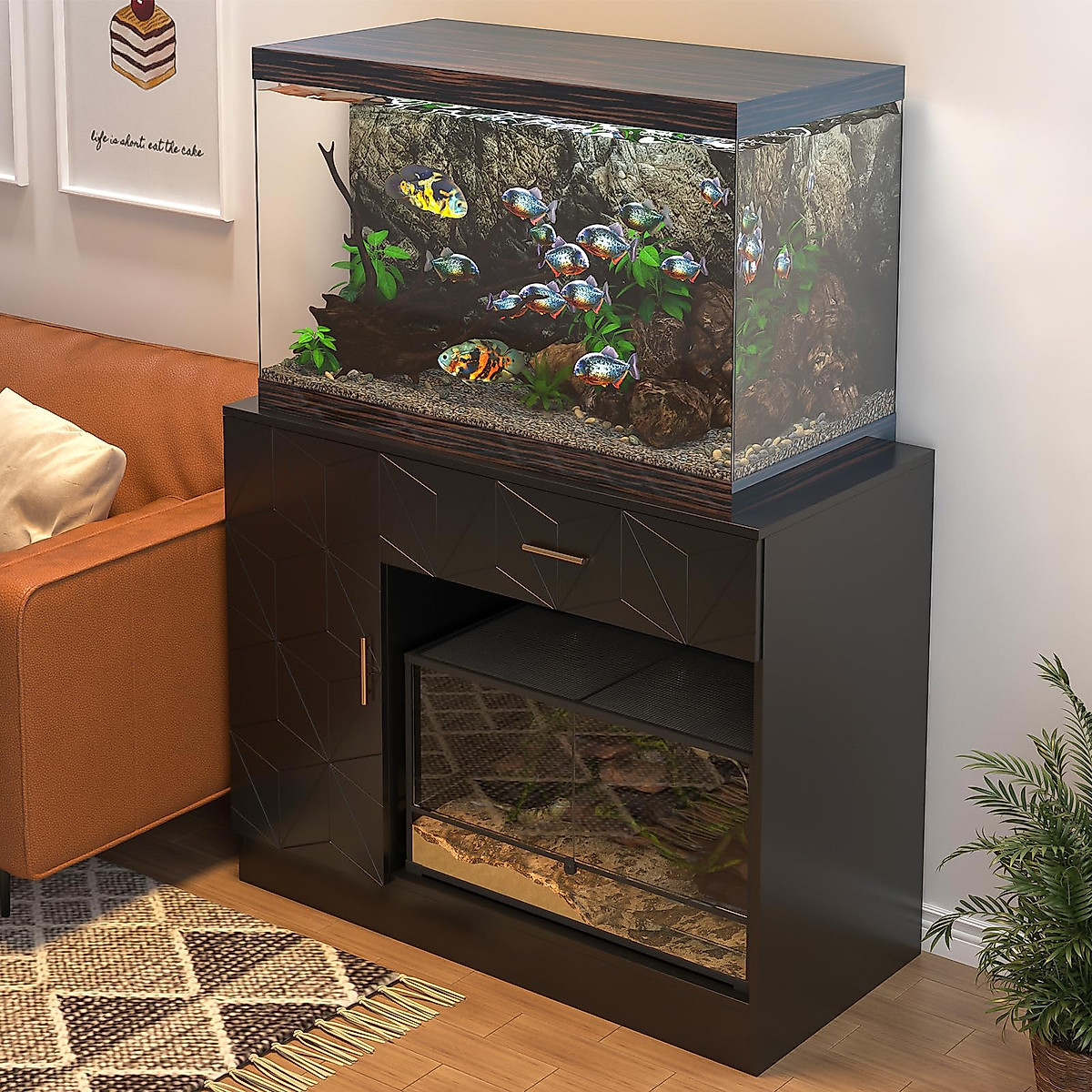 Saudism 40 Gallon Fish Tank Stand, 29 -50 Gallon Aquarium Stand, Black Tank Stand, Fish Tank Table with Drawer and Cabinet, Sturdy and Durable