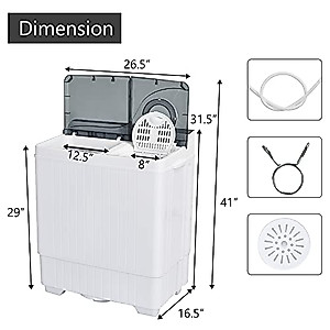 COSTWAY Portable Washing Machine, Twin Tub 26Lbs Capacity, Washer(18Lbs) and Spinner(8Lbs), Compact Laundry Machine with Control Knobs, Timer Function, Drain Pump, Laundry washer for Apartment, RV, Grey