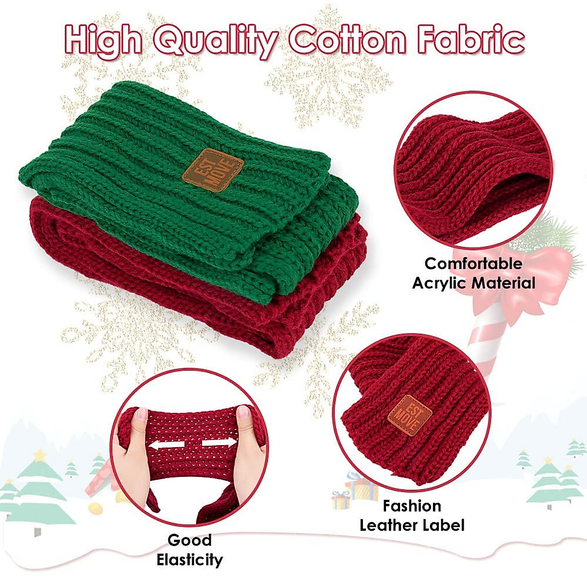 SlowTon Dog Knitted Scarf, 2 Pack Dog Warm Bandanas, Christmas Winter Holiday Decoration Scarf for Small Medium Large Dogs (Red, Green)