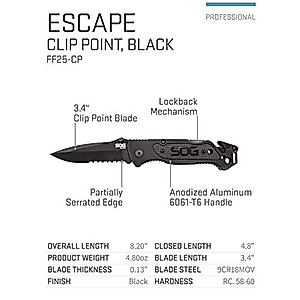 SOG Escape Tactical Folding Knife- 3.4 Inch Serrated Edge Blade Emergency Pocket Knife with Glass Breaker, Wire Stripper and Line Cutter Blades-Black (FF25-CP)