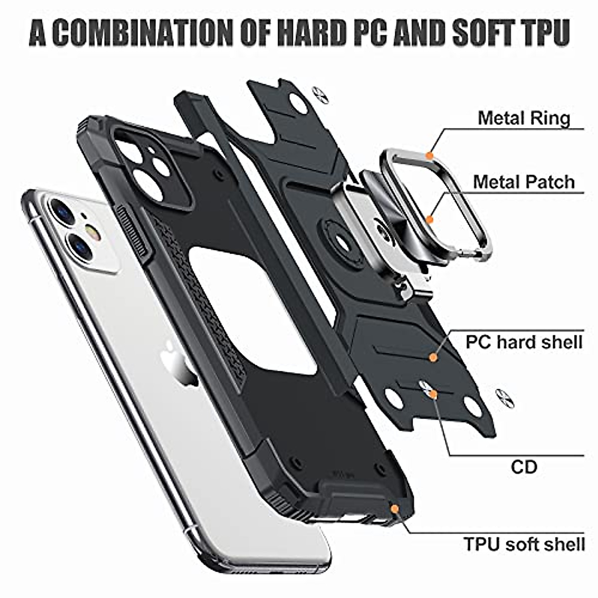 JAME Designed for iPhone 11 Case with Screen Protector [2PCS], Military-Grade Drop Protection, Protective Phone Case Cover, Car Mount Ring Kickstand Shockproof Bumper Case for iPhone 11 6.1 Inch Black