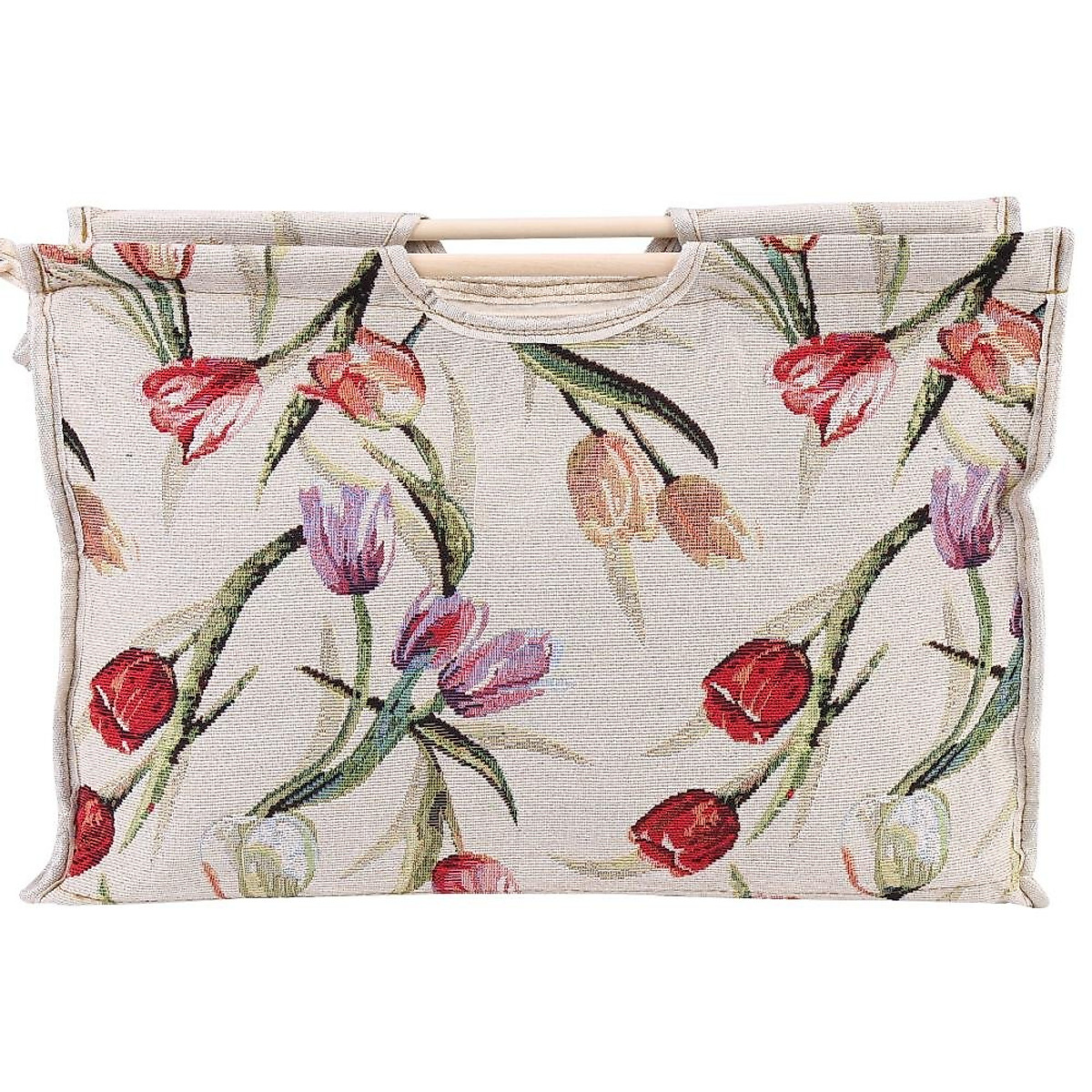 Knitting Tote Bag,Exquisite Practical Wood Handle Woven Fabric Storage Bag for Knitting Needles Sewing Tools(Red Flower)
