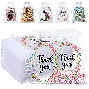 200 Pcs Thank You Bags Sheer Organza Bags 4x6 Inch Floral Design Small Thank You Gift Bags Bulk Jewelry Present Bags with Drawstring Mesh Wedding Party Favor Bags for Wedding Baby Shower Christmas