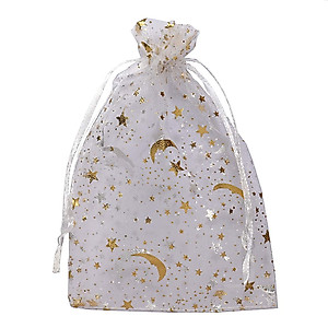 SUNGULF 100Pcs 4x6 Inches Sheer Organza Drawstring Pouches Stars and Moon Wedding Party Favor Jewelry Candy Gift Bags (White)