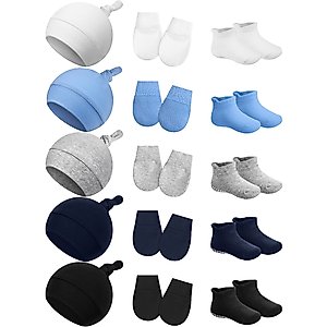 Baby Hats Newborn Knot Beanie No Scratch Mitten Non-Slip Sock for Boys and Girls (White, Gray, Black, Blue, Navy Blue,5 Sets)