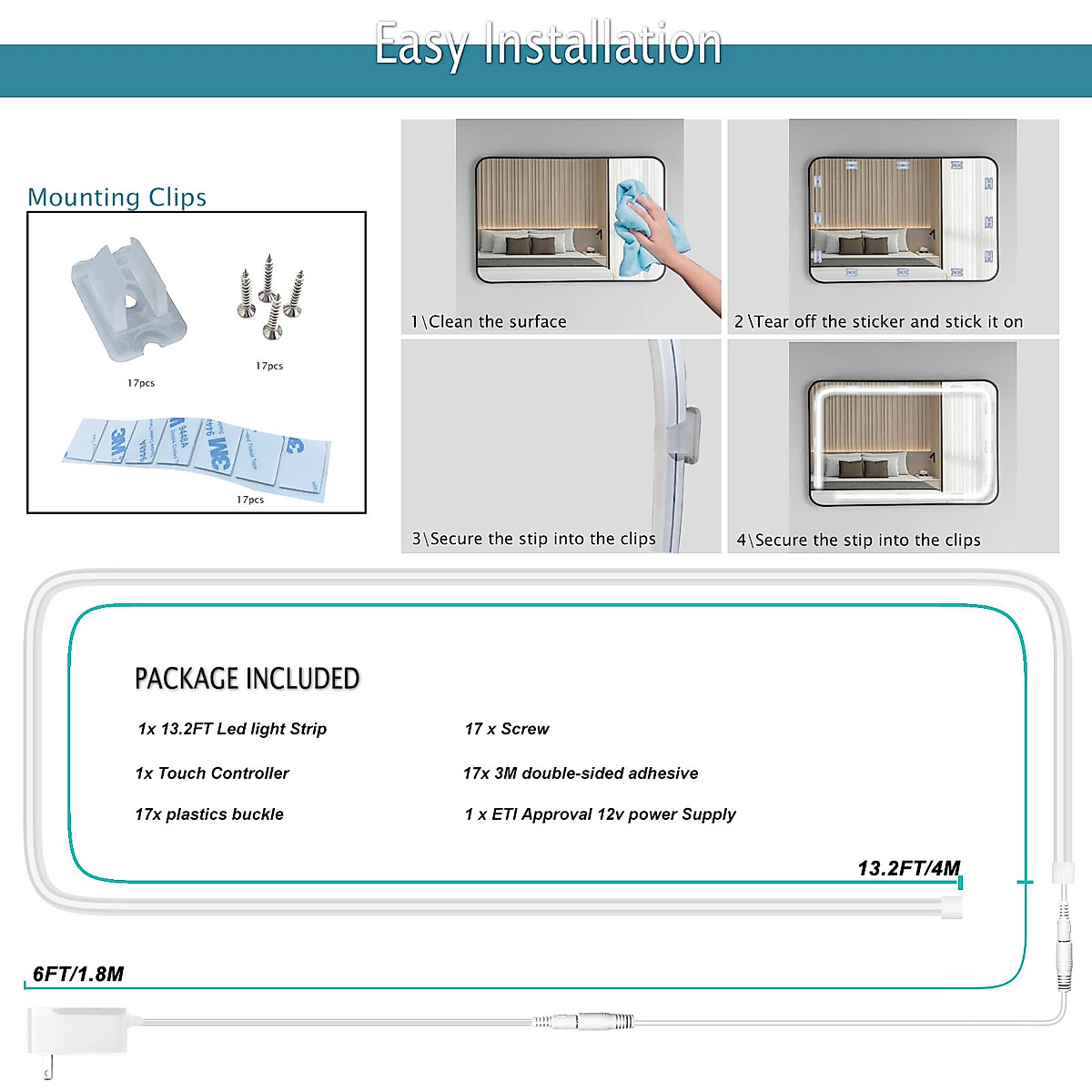 Led Vanity Mirror Lights, 13.2FT 6000k Body Lights with AC Adapter Touch Control, Makeup Lighting for Full Body Mirror/Makeup Table/Bathroom
