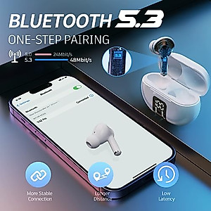 Wireless Earbuds Bluetooth Earbuds 60H Playtime LED Power Display Charging Case Bluetooth 5.3 Headphone with Noise Cancellation Mic, Stereo Sound, IPX5 Ear Buds for iPhone/Samsung/Android/iOS,White