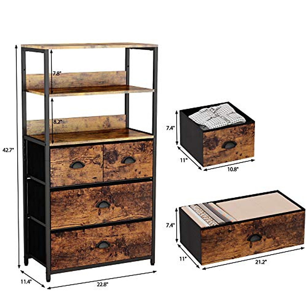 Furologee Vertical 4 Drawer Dresser Organizer with 3-Tiers Wood Shelf,Tall Fabric Storage Tower Unit, Sturdy Metal Frame Furniture,Removable Brown Fabric Bins for Bedroom,entryway,Office
