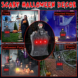 Halloween Decoration Tombstone with Scary Music, Animated Movable Skeleton Skull with Glowing Eyes & Voice Activation Halloween Decor for Yard Lawn Haunted House Indoor Outdoor Party Props