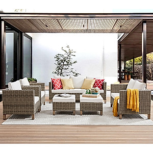 6 Pieces Patio Furniture Sets All Weather Wicker Rattan Sectional Sofa Outdoor Furniture Conversation Set for Porch, Poolside, Garden, Backyard. (Beige)