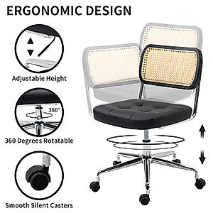 Newnno Mid Century Modern Home Office Chair with Wheels, Armless Leather Desk Chair Rattan Chair, Upholstered Adjustable Height Task Chair Swivel Computer Chair, Black