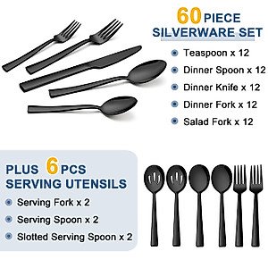 Homikit 66-Piece Shiny Black Silverware Set with Serving Utensils, Stainless Steel Square Flatware Cutlery for 12, Home Restaurant Eating Utensils with Fork Spoon Knife, Mirror Polish, Dishwasher Safe