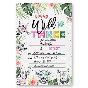 LoaHak Party Animal Birthday Decorations, Young Wild And Three Invitation, Jungle Animals Party Celebration, Woodland Tropical Party Supplies. (034)