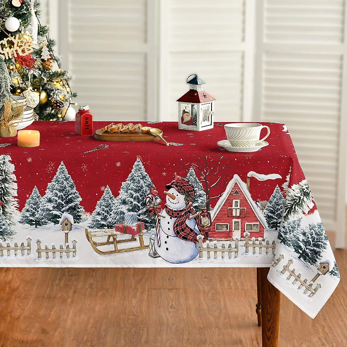 Horaldaily Christmas Tablecloth 60×84 Inch, Winter Snowman House Christmas Trees Red Washable Table Cover for Party Picnic Dinner Decor