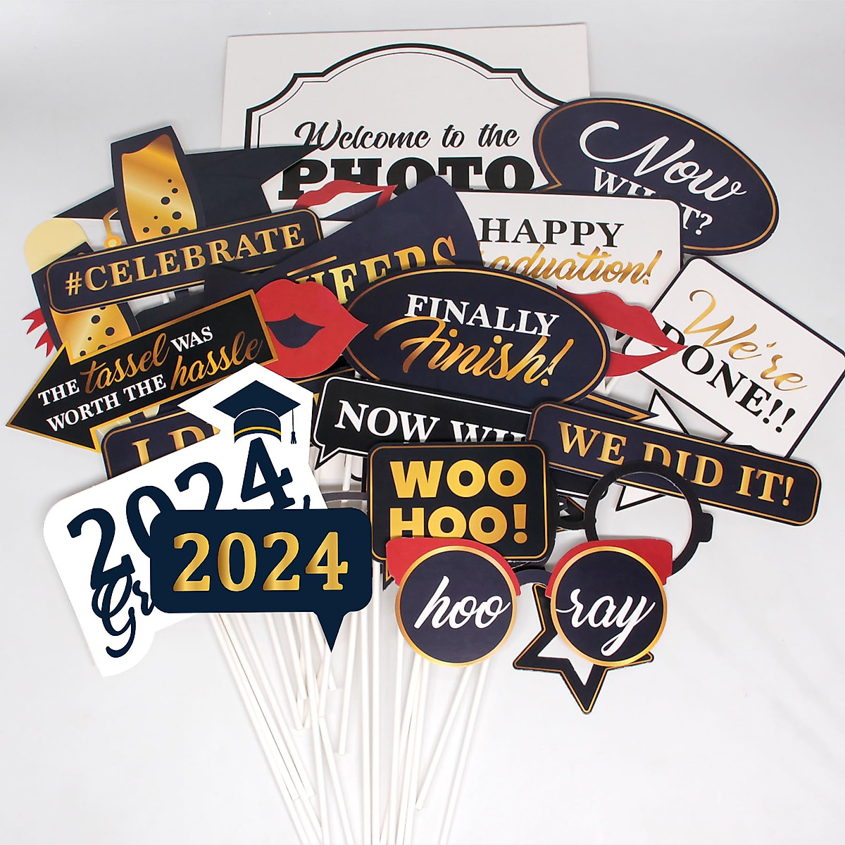 2024 Graduation Photo Booth Props, Blue Black Red Gold Graduation Decorations for Graduation Party Supplies, Upgraded Version with Long Stick, 2024 Grad Party Pose Sign-32Pcs