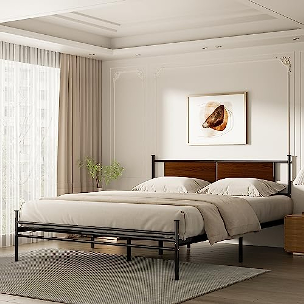 HAOARA King Size Bed Frame with Rustic Wood Headboard, Metal Heavy Duty Platform Frame, Sturdy Steel Slat Support, No Box Spring Needed, Black