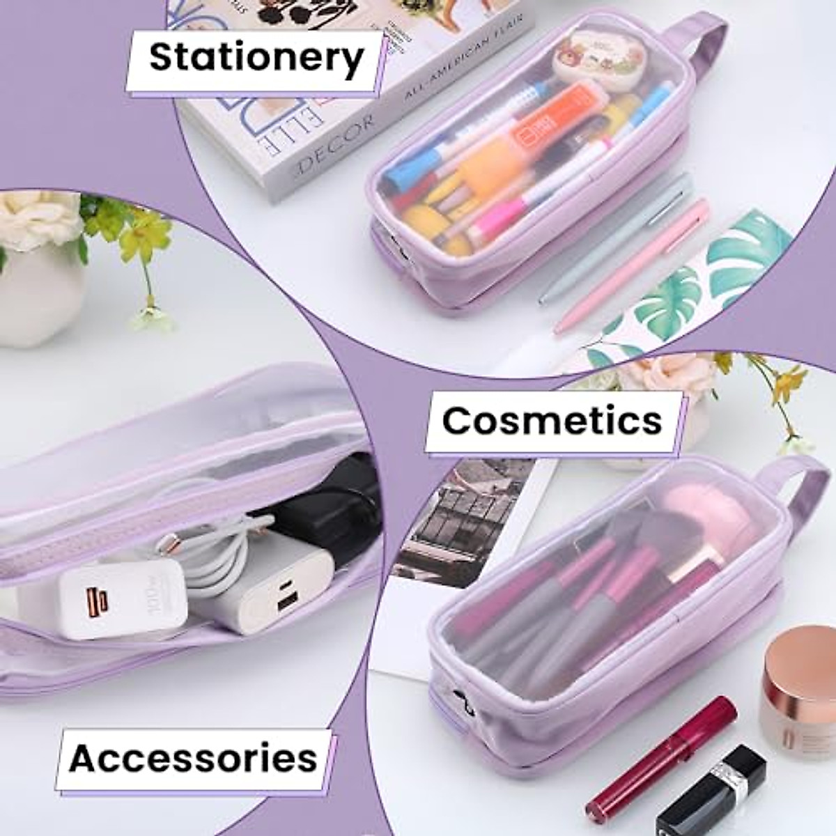JIANTA Mesh Pencil Case, Large Clear Pen Pouch with Zipper and 2 Compartments, Makeup Cosmetics Bag Stationery Storage Bag for Home, Office, School, Purple