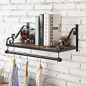 MyGift Wall Mounted Burnt Wood Floating Shelf with Metal Clothes Rod and Metal Framed Decorative Scrollwork Design