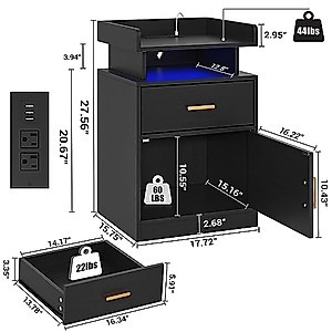 Tcpuolr Nightstand with Charging Station & Cabinet Storage, Led Night Stand with Drawer & Open Shelf, Bedside Table with Top Baffle, End Table for Bedroom, Living Room, Black
