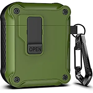 RFUNGUANGO Airpods 2nd & 1st Generation Case Cover Automatic Pop-up with Secure Lock Clip, Full-Body Shockproof Hard Protective Cover with Keychain - Olive Green