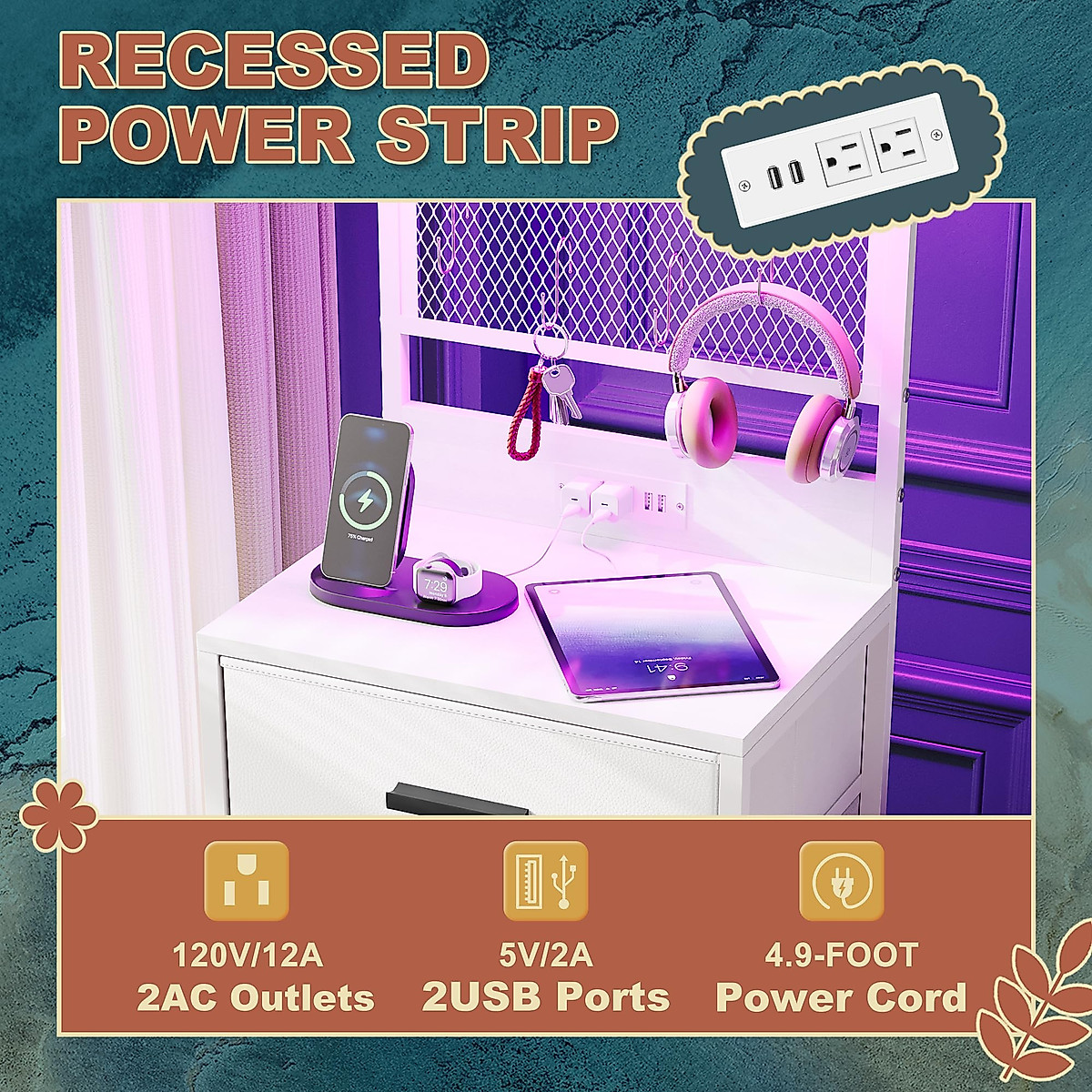 EKNKOZY Nightstand 5 Drawer Dresser with LED Lights, Charging Station, Metal Mesh Shelf with Hooks, Vertical Side Table with Fabric Drawers, End Table, Tall Dresser for Bedroom, Entryway, White